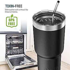 Atlin Tumbler [30 oz. Double Wall Stainless Steel Vacuum Insulation] - Black Travel Mug [Crystal Clear Lid] Water Coffee Cup [Straw + Handle Included]For Home, Office, School, Ice Drink, Hot Beverage