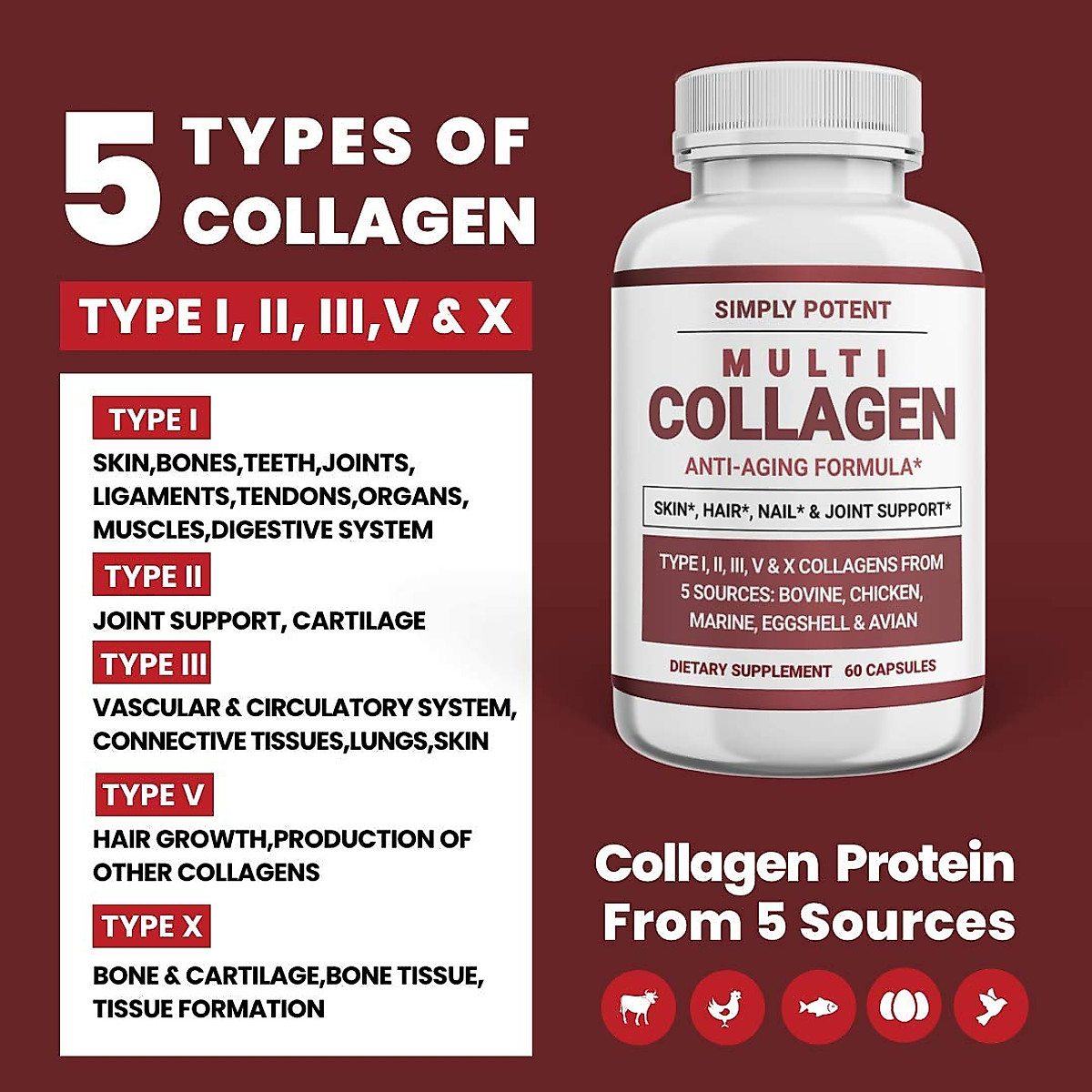 Multi Collagen Peptides Powder Pills, High Bioavailable Hydrolyzed Collagen Protein Supplement with 5 Collagen Types I, II, III, V, and X for Skin, Hair, Nail & Joint Support, 60 Capsules
