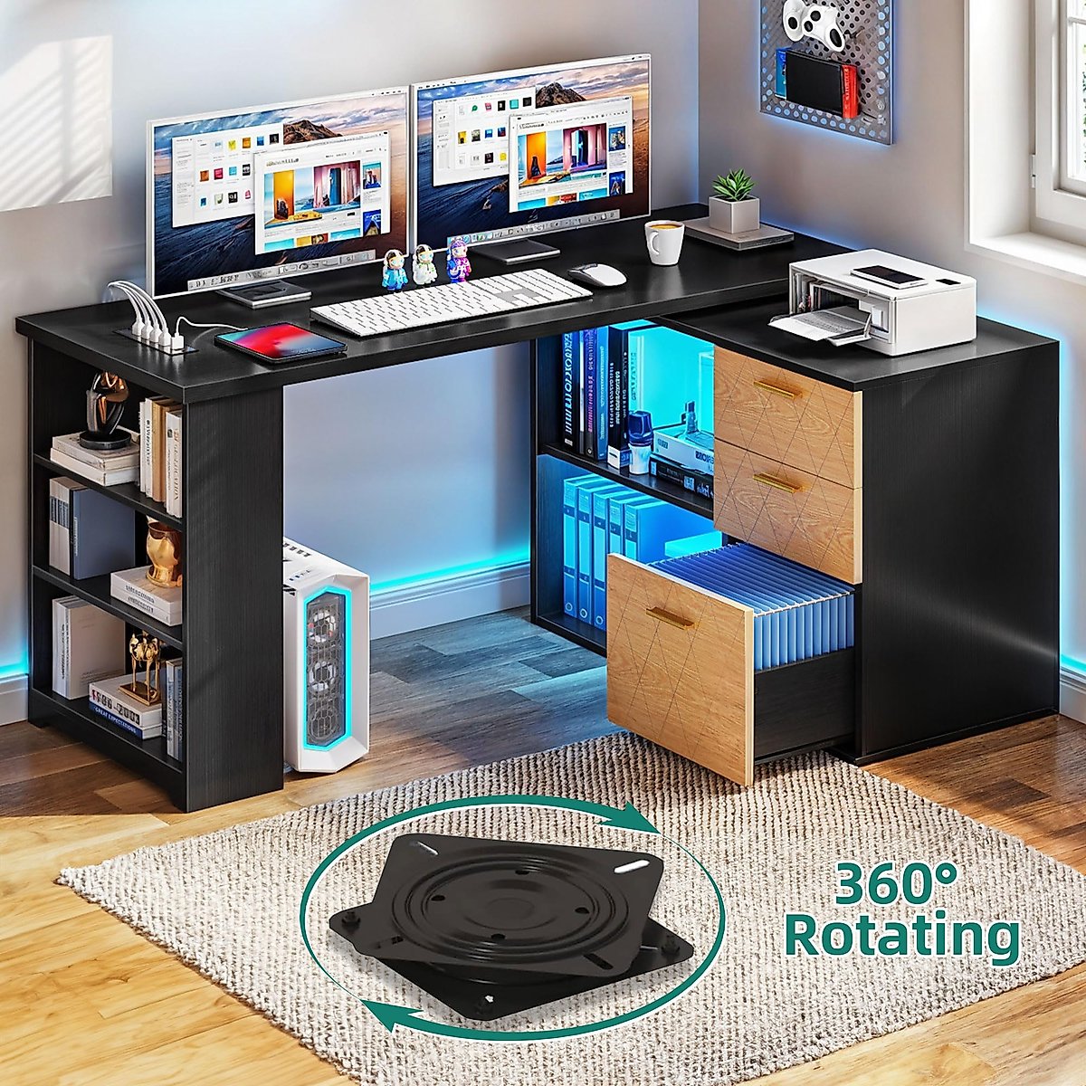 YITAHOME L Shaped Desk with Drawers, 59" Corner Computer Desk with Power Outlets & LED Lights, 360 Rotating Corner Desk Office Desk with Bookshelf, Wood Desk, Black