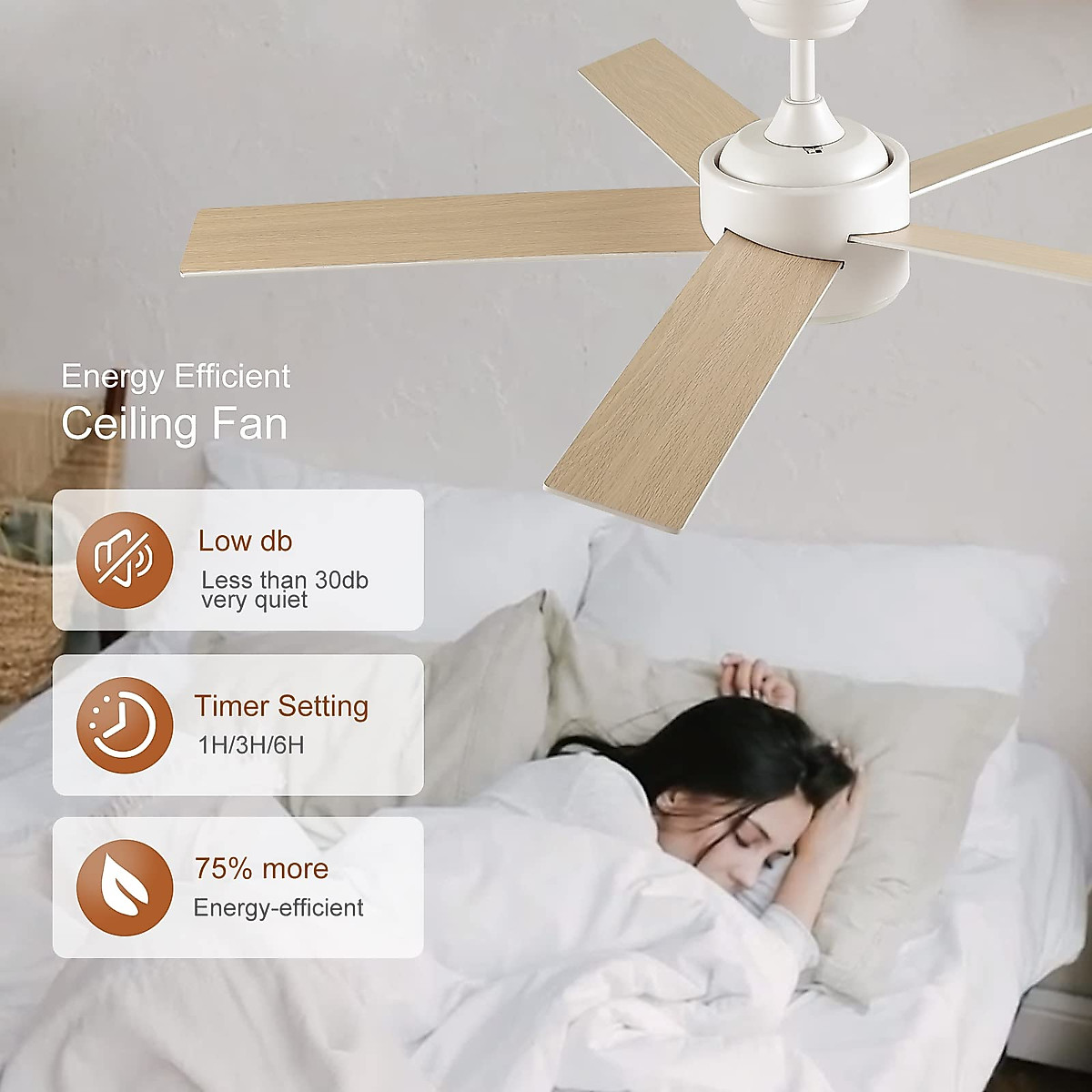 POCHFAN 52 inch White Ceiling Fans with Lights and Remote, Wooden 5 Blades LED Modern Ceiling Fan for Bedroom, Living Room, Dining Room, 3 CCT 6-Speed Quiet Reversible