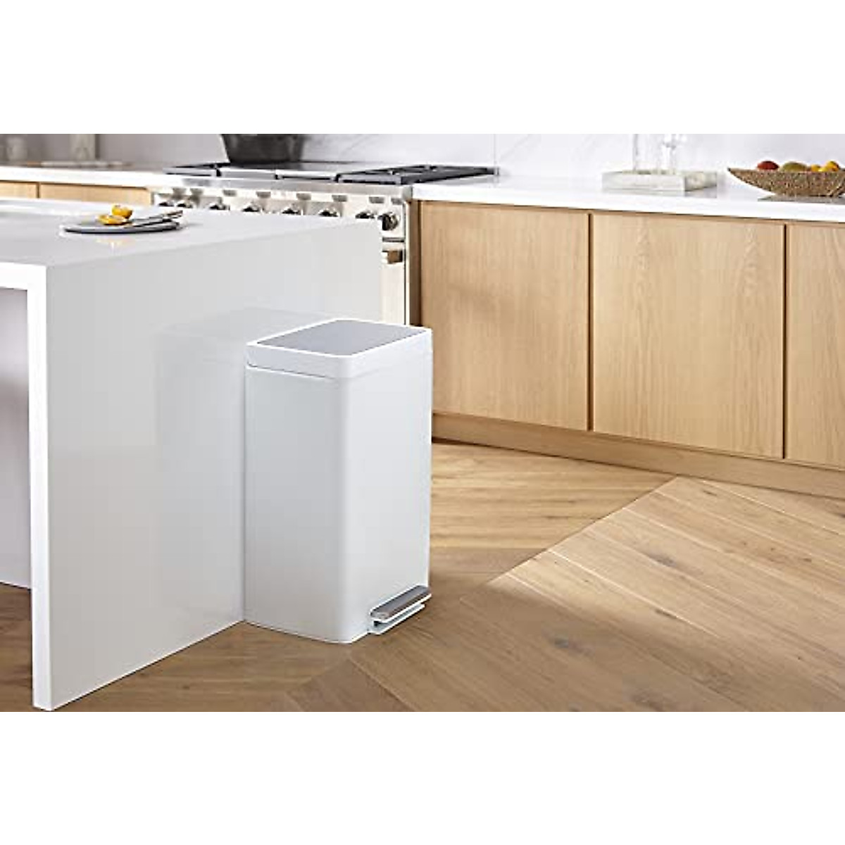 KOHLER K-20940-STW Kitchen Trash Can, 13 Gallon Step Trash Can with Quiet-Close Lid and Hand Free Foot Pedal in White Stainless Steel