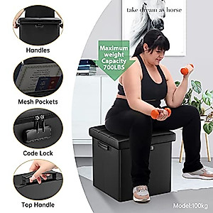 ENGPOW Storage Ottoman,Fireproof ＆ Waterproof Folding Ottoman Cube Storage Stool with Lock,Leather Square Ottoman Storage Chest Safe for Living Room, Bedroom, Home Office,Dorm,15"x15"x15",Black