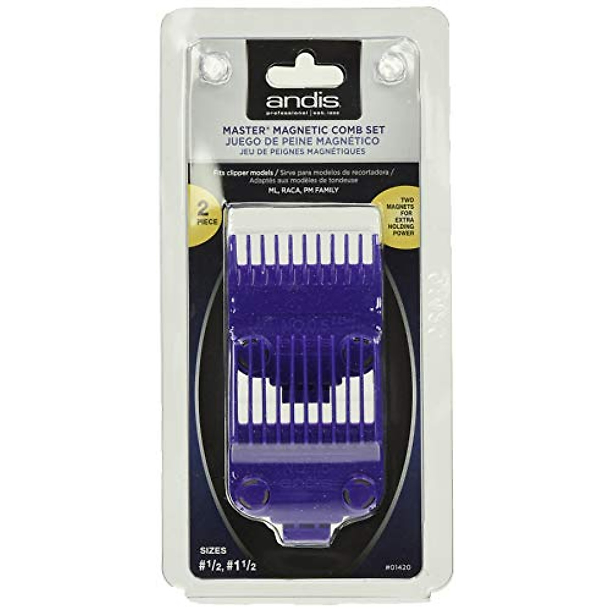 Andis 01420 Master Clipper Magnetic Comb Set - Crafted for Long-Lasting Performance - Dual Pack Sizes 0.5 & 1.5 and Fit with ML Models – Purple