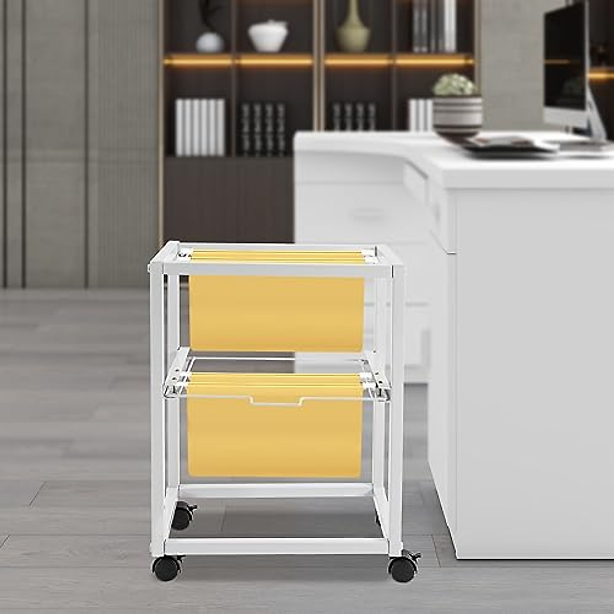 Rolling File Carts with Wheels Hanging Files, 2 Tiers Metal Rolling File Organizer, Movable Rolling File Cart for Hung Horizontally or Vertically Hanging Files, Pull-Out Drawer File Cabinet for Office