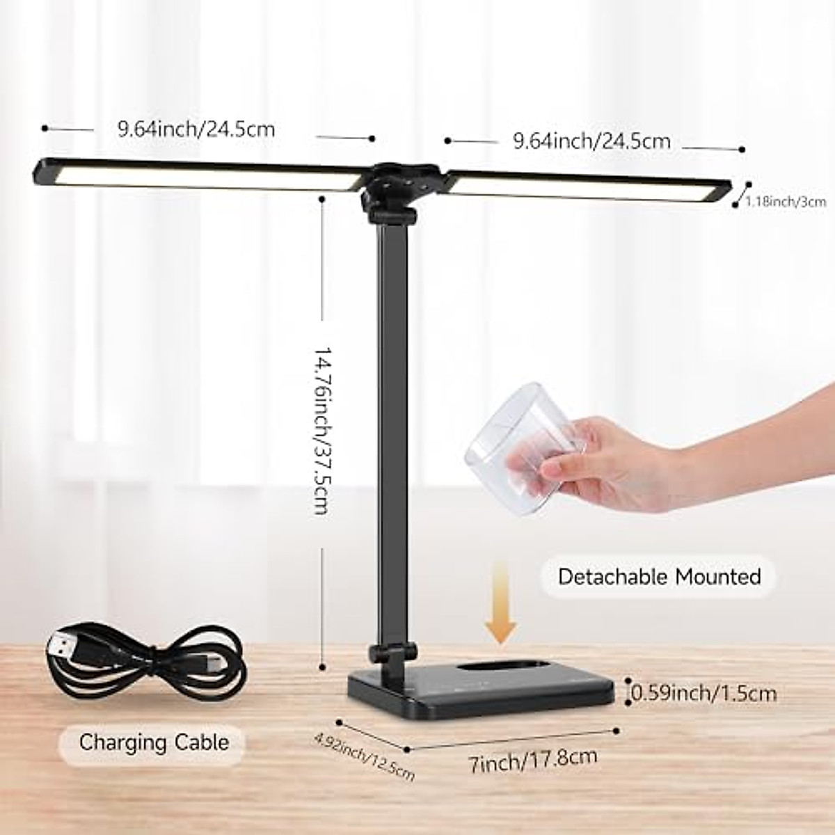 rigors LED Desk Lamp for Home Office - Dual Swing Arm Desk Light with USB Charging Port,Eye-Caring Foldable 5 Color Modes 10 Brightness Levels Dimmable Desk Lamp for College Dorm Room (Black)