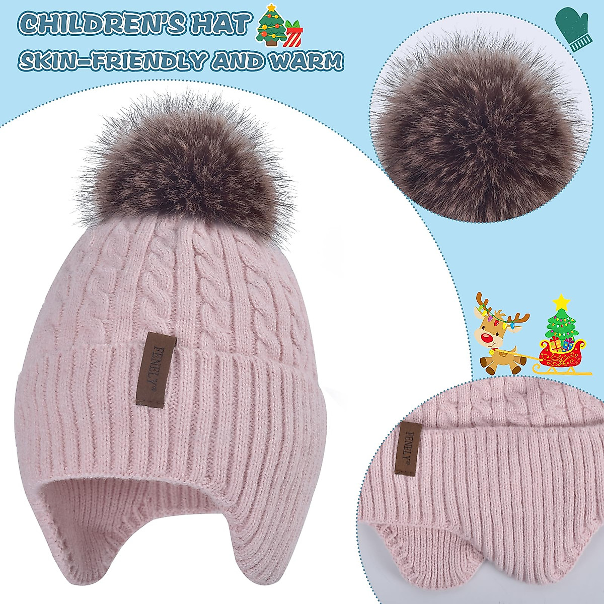 Winter Hat Gloves Scarf Set for Kids Earflap Beanie with Cute Pom Knit Girls Children Baby Toddler Pink Warm Wool Fleece Lining 6 7 8 9 10 Years Old