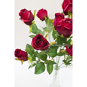 Sweet Home Deco 18'' Silk Rose Bud Artificial Flower Bush (12 Stems/12 Flowers) Wedding Home Decoration (Red)