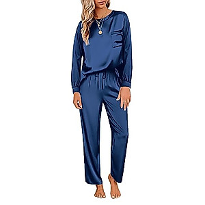 Ekouaer Womens Silk Pjs Satin Lounge Set Silky Nightwear Long Pajama Pant Set Loungewear Long Sleeve Satin Pajama Set Navy Blue M