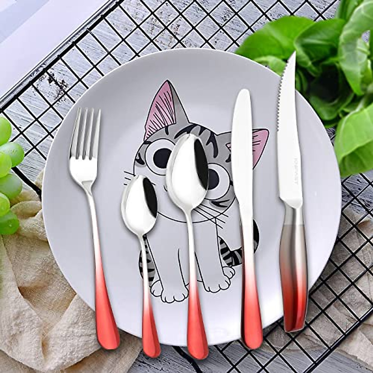 KNIFAST 41-Piece Silverware Set, Stainless Steel Flatware Cutlery Set, Tableware Eating Utensils Include Rubber Wood Block/Steak Knife/Knife/Fork/Spoon, Mirror Polished, Dishwasher Safe (Red)
