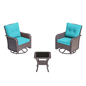 RTDTD 3 Piece Wicker Swivel Rocking Chair Set, Outdoor Patio Glider Chair with Glass Top Coffee Table, Conversation Furniture Sets Suitable for Patio, Lawn, Outdoor, Back Garden Blue