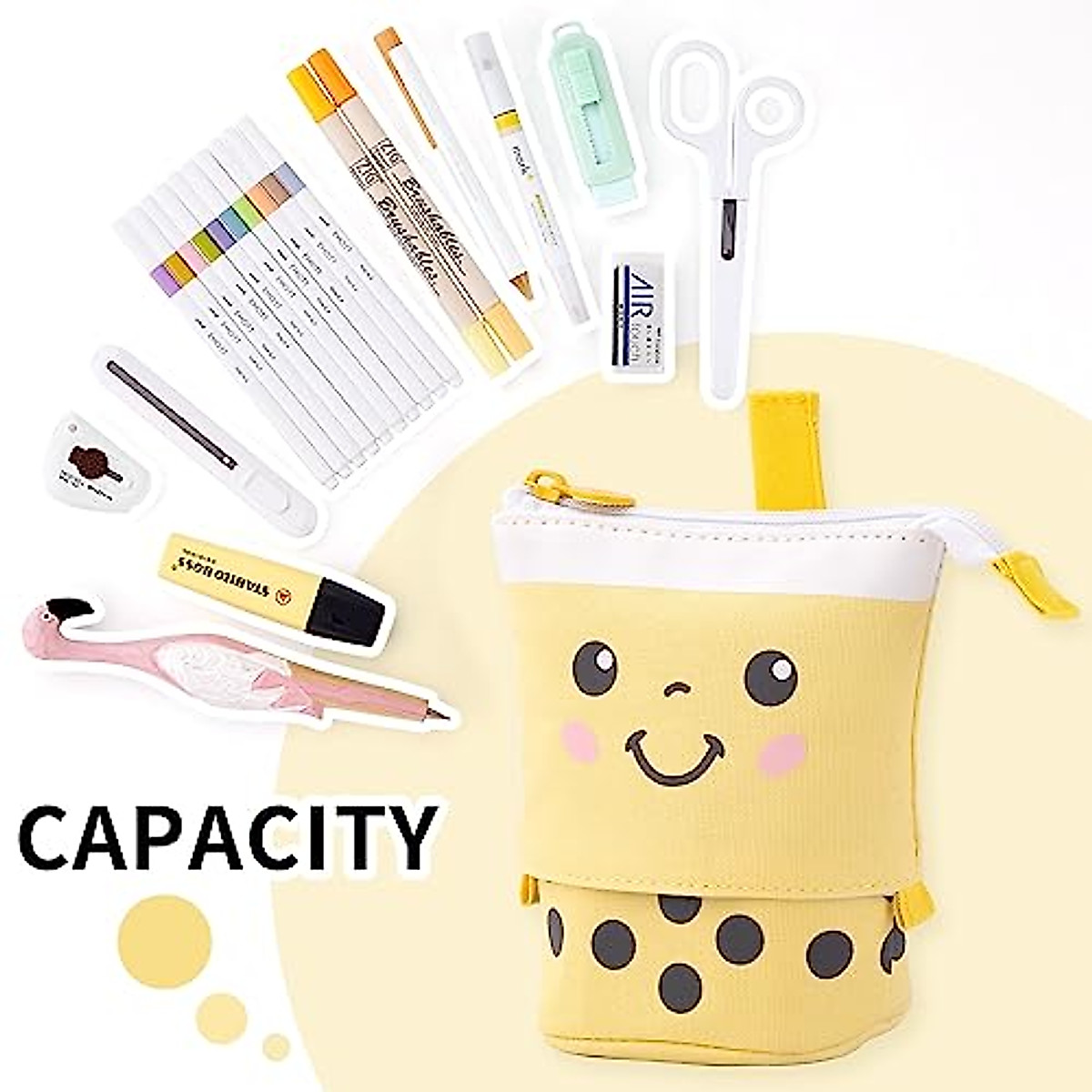 ANGOOBABY Cute Pencil Case Standing Pen Holder Telescopic Makeup Pouch Pop Up Cosmetics Bag with Kawaii Smile Face Stationery case Office Organizer Box for Girls Students Women Adult (Yellow)