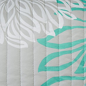 Comfort Spaces Enya Quilt Set - Casual Floral Print Channel Stitching Design, All Season, Lightweight Coverlet, Cozy Bedding, Matching Shams, Decorative Pillows, Full/Queen(90"x90"), Aqua 3 Piece