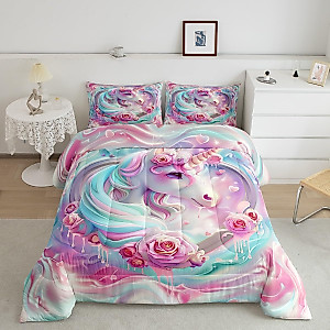 Castle Fairy Unicorn Twin Size Bedding Sets 2 PCS Kids Cartoon Unicorn Comforter Set for Girls Bedroom Pink Unicorn Rose Bed Set Bedspreads with 1 Pillowcase,Rainbow