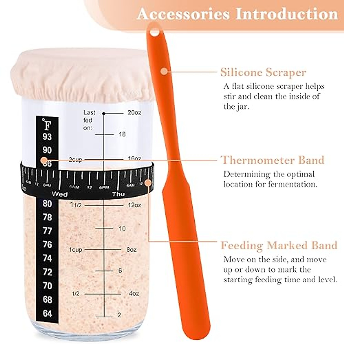 NEOBELLA Sourdough Starter Kit, 24 oz Sourdough Starter Jar with Thermometer, Feeding Date Band, Scraper, Cloth Cover, and Metal Lid. Sourdough Baking