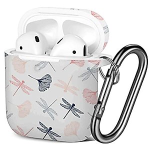 [ Compatible with AirPods 2 and 1 ] Shockproof Soft TPU Gel Case Cover with Keychain Carabiner for Apple AirPods (Dragonflies Ginkgo Leaves)