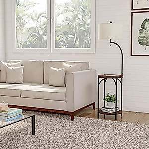 MDYBF Floor Lamp with Table, Modern Rustic Side Table with USB Charging Port, LED Bulb and Drum Shade. (Dark Brown, Black and Off-White)