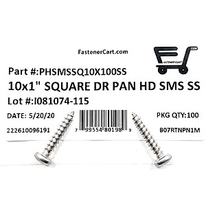 #10 x 1 Stainless Steel Square Drive Pan Head Sheet Metal Screws Type A (100 Pieces) 10x1