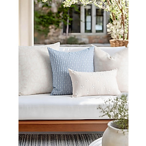 Crumbs Home Coastal Linen Indoor Outdoor Throw Pillow Cover Only, 20"x20" Water Repellent for Patio, Backyard, Couch, Light Blue Embroidered Stripes