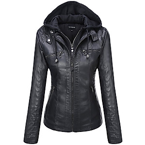 Tanming Women's Removable Hooded Faux Leather Jackets (X-Large, Black)