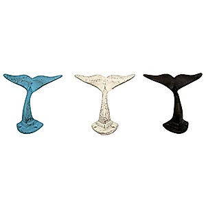 Cast Iron Whale Tail Wall Hooks, Assorted Colors, 5 Inches, Set of 3