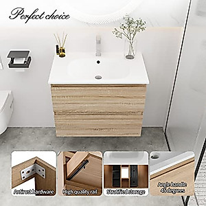 Henf 30" inch Wall Mounted Bathroom Vanity with Sink, Modern Floating Bathroom Vanity with White Integrated Gel Sink & Two Drawers, Plywood Hanging Bath Cabinet w/Resin Wash Basin (Light Oak)
