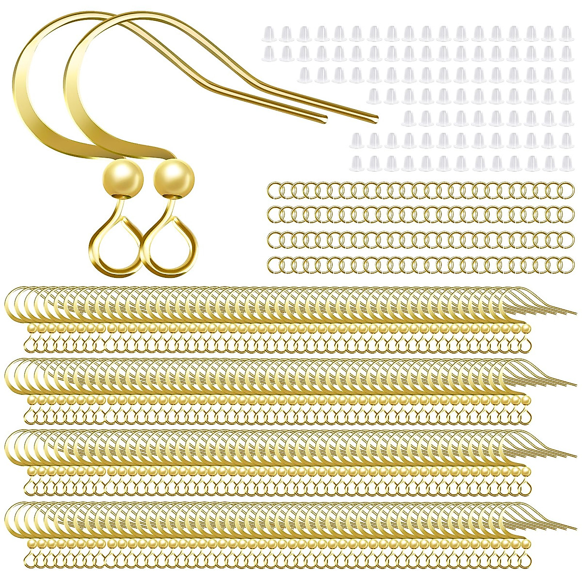 160 PCS/80 Pairs 14K Gold Tone Plated Earring Hooks Hypoallergenic Ear Wires Fish Hooks with 100 PCS Clear Silicone Earring Backs and 100 PCS Jump Rings Gold Earring Findings for DIY Jewelry Making