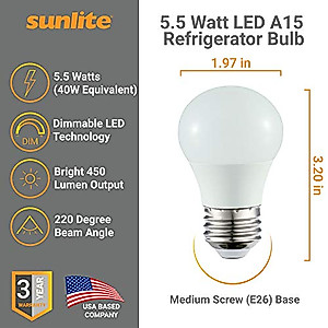 Sunlite LED A15 Refrigerator Light Bulb, 5.5 Watts (40W Equivalent), 450 Lumens, Medium Base (E26), Dimmable, Frosted Finish, UL Listed, 40K - Cool White, 6 Pack