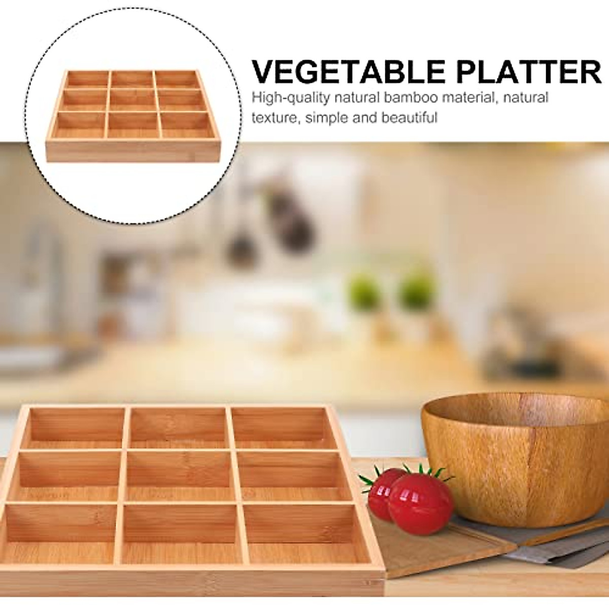 DOITOOL Serving Tray with 9 Compartments - Wooden Tray Divided Tray for Serving Food - 13in Square Tea Tray Food Tray for Hot Pot, Fast Food, Breakfast, Tea Coffee Table Christmas