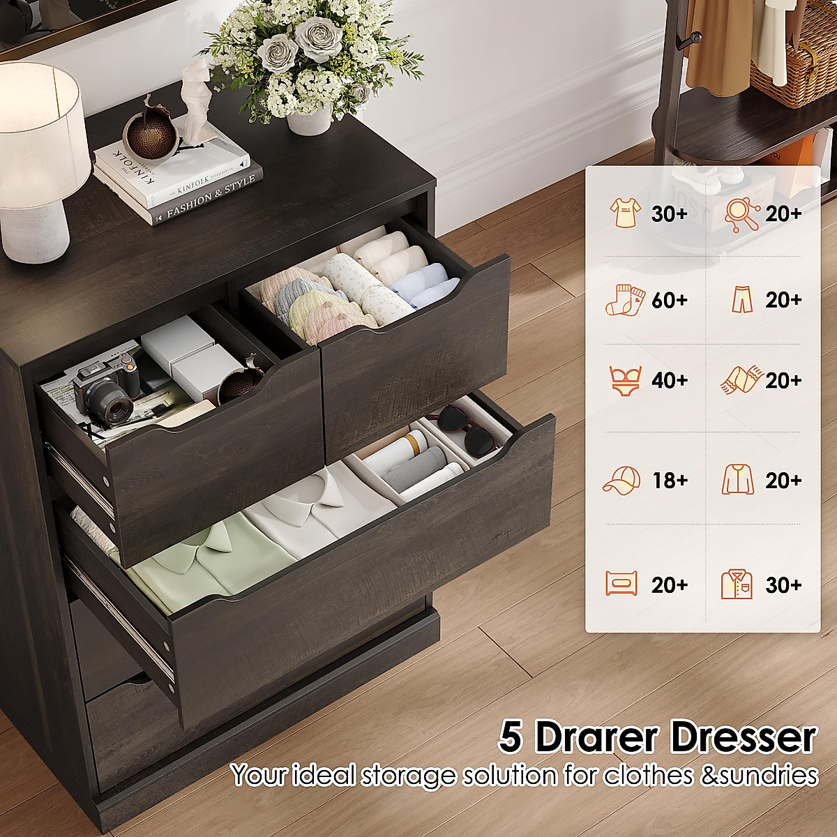 HOSTACK Modern 5 Drawer Dresser for Bedroom, Chest of Drawers with Storage, Wood Storage Chest Organizers with Cut-Out Handles, Accent Storage Cabinet for Living Room, Entryway, Hallway, Dark Brown
