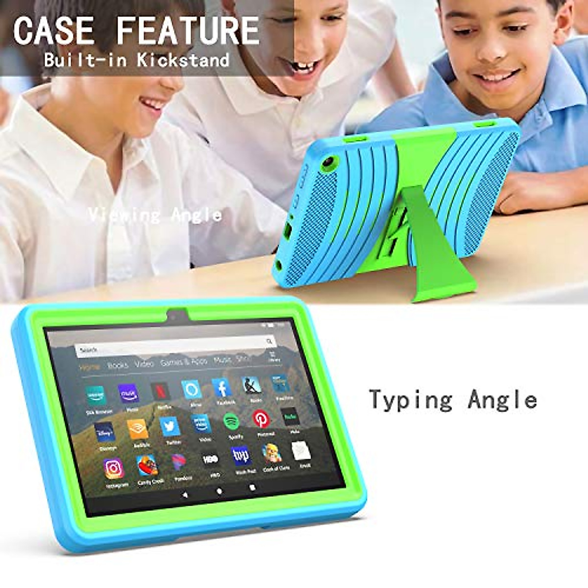 EpicGadget Case for Amazon Fire HD 8 / Fire HD 8 Plus (12th Generation, 2022 Released) - Heavy Duty Hybrid Case Cover with Kickstand + 1 Screen Protector and 1 Stylus (Blue/Green)