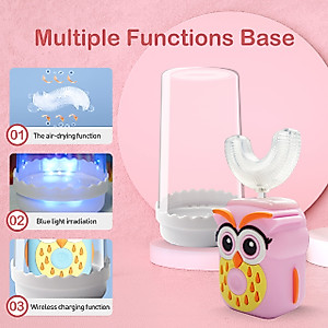 Kids U Shaped Electric Toothbrush 5 Models 4 Replacement Head Wireless Charging Children's Toothbrushes,Suitable for Toddlers 1-2 Years Old and Children 2-12 Age(Pink)