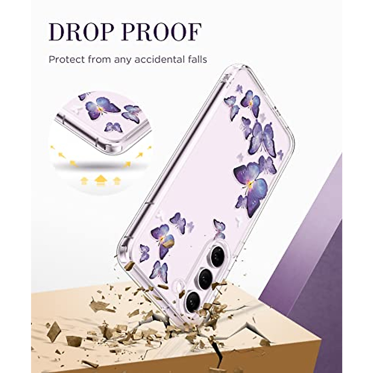 GVIEWIN Compatible with Samsung Galaxy S23 Plus Case with Screen Protector+Camera Lens Protector, Slim Shockproof Clear Floral Pattern Phone Protective Cover for Women 6.6" (Alluring Butterfly/Purple)