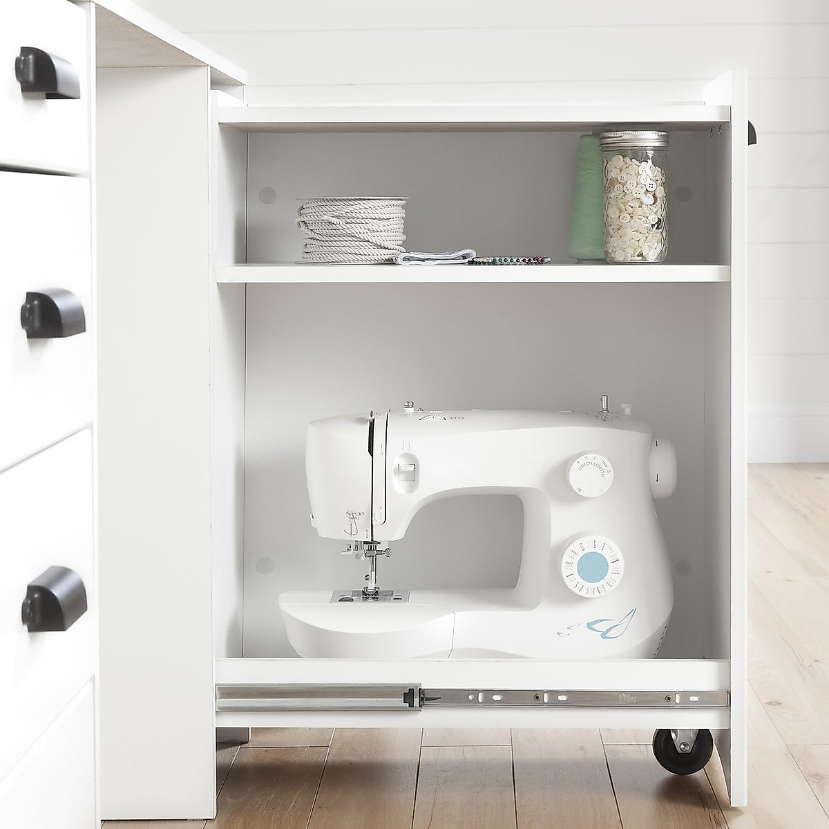 South Shore Artwork Sewing Craft Table with Storage Drawers and Scratchproof Surface, Pure White