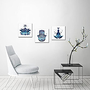 Saypeacher 3 Pieces Abstract Yoga Canvas Wall Art Blue Starry Night Pictures Lotus Flower Painting Pritns for Bedroom Yoga Room Bathroom Decor Sretched and Framed Ready to Hang 12"x12"x3pcs