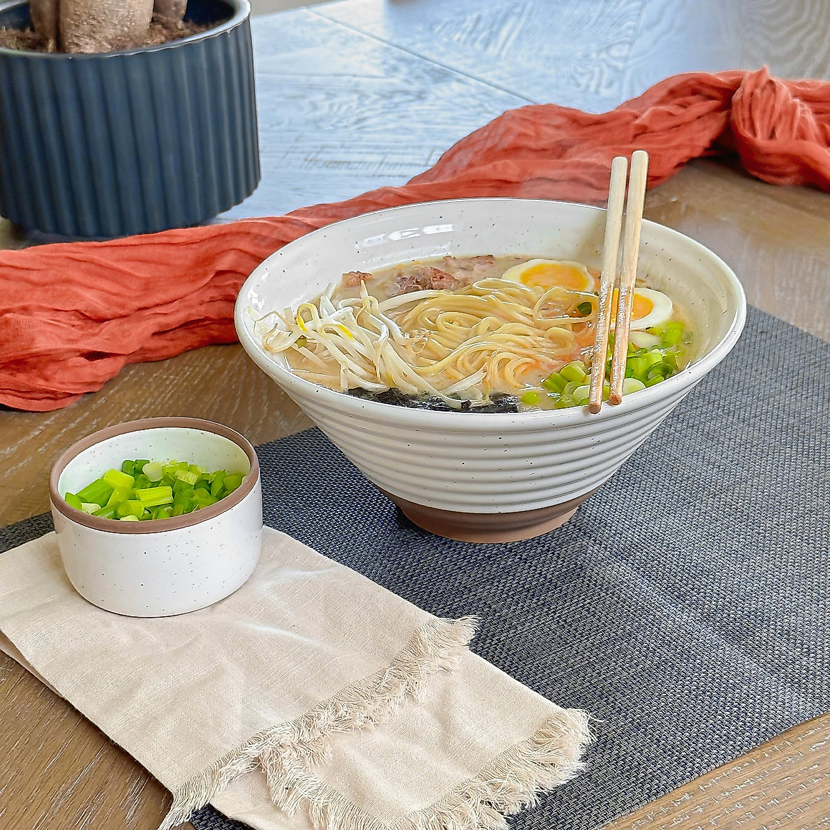 Mora Ceramic Ramen Bowl Set of 2, 45oz - Great for Pho, Miso Udon Soup, Instant Noodles, Serving, Thai or Asian Food - Microwave Safe Large Japanese Noodle Bowls, Modern Kitchen - Vanilla White