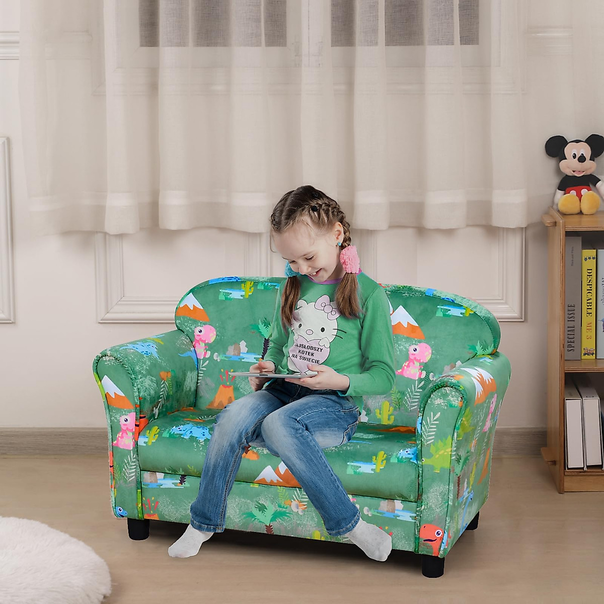 Yoonnie room Kid Sofa Chair,2-Seater Upholstered Kid Couch with Dinosaur Pattern Velvet Fabric for Children Gift(Green)
