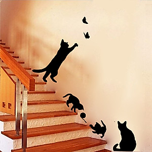 DNVEN Cats Decals Cats Playing Cathing Butterfly Silhouette Children Animals Kids Wall DIY Vinyl Removable Stickers Murals for Kids Rooms Children's Rooms Bedrooms Nursery 37 inches x 21 inches