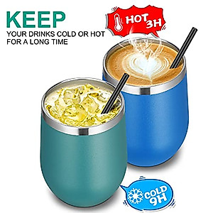 VEGOND 12oz Stainless Steel Wine Tumbler with Lid and Straw, Double Wall Vacuum Insulated Stemless Wine Glass Tumbler Cup, Coffee Mug for Cold Hot Drinks