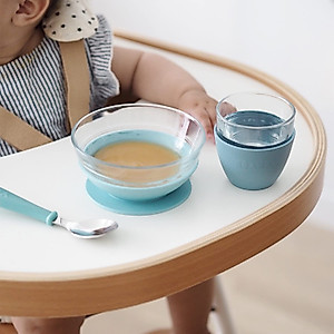 BEABA 3-Piece Duralex Glass Meal Set with Silicone Suction, Toddler Plate and Baby Bowls with Suction, Non Slip Kids Dinnerware Set, 2.5x Stronger than Regular Glass, (Rain)