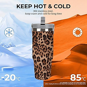 YTLKGFP 30 Oz Large Capacity Car Cup Leopard Print Tumbler with Handle Straw Lid Insulated Stainless Steel Water Bottle Travel Mug Leak-proof Car Cup Keeps Cold Or Hot