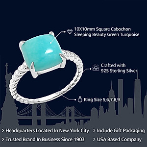 Gem Stone King 925 Sterling Silver 10MM Square Cabochon Sleeping Beauty Green Turquoise Ring For Women | Available In Size 5, 6, 7, 8, 9