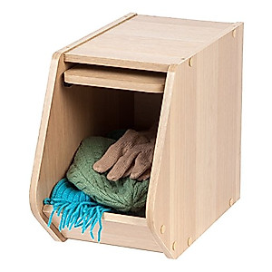 IRIS USA Narrow Modular Wood Stackable Storage Box with Sliding Door, for Office Closet and Nightstand, Easy Assembly, Space Saving, Stacking Storage Box, Light Brown