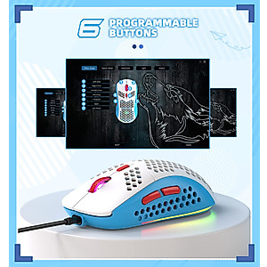 LexonElec T60PRO 60% Mechanical Keyboard and Mouse Combo+Coiled USB C Cable, Compact RGB LED Backlit Keyboard, Linear Red Switch, 6400 DPI Programmable RGB Mouse for PC Mac Gamer(Blue&White)