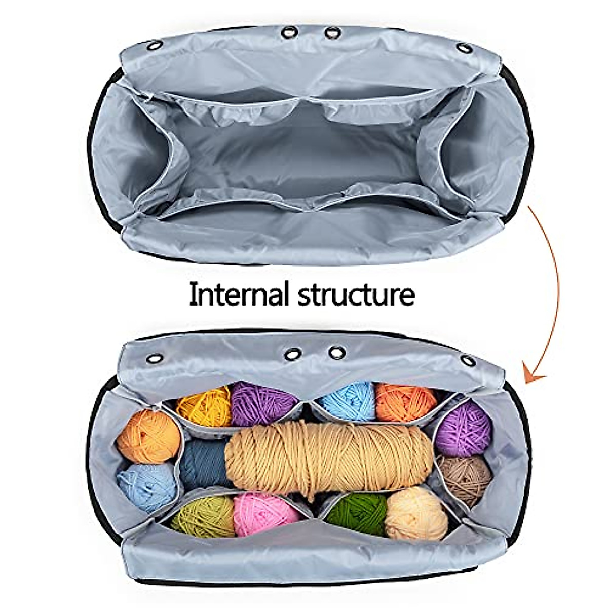 YARWO Knitting Crochet Bag, Yarn Storage Tote Bag for WIP Projects, Yarn Skeins, Crochet Hooks and Knitting Needles, Gray with Arrow (Bag Only, Patent Pending)