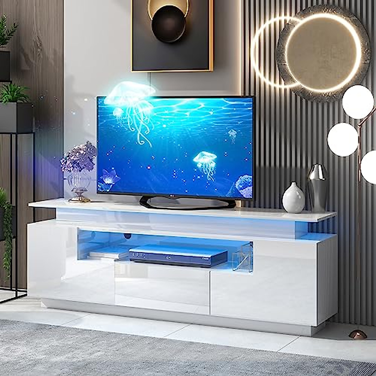 Modern LED TV Stand for 75 inch TV, White Entertainment Center with LED Lights and 4 Storage Cabinets, High Gloss Media TV Console with Drawer for Living Room, Bedroom