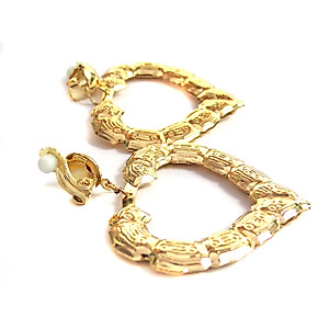Clip-on Earrings Gold Tone Heart Bamboo Hoop Earrings 2 inch Retro Earrings