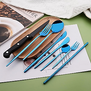 Uniturcky 62-Piece Blue Flatware Set for 8 Stainless Steel Silverware Set with Steak Knives, Plus Reusable Metal Straws and Butter Knives, Party Tableware Cutlery Set, Mirror Polished