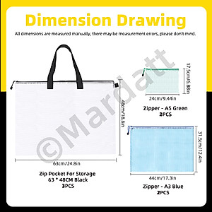 Mardatt 7Pcs 19” x 25” Art Portfolio Storage Bag with Handle and Zipper, 3 Sizes Waterproof Poster Storage Bag Mesh Folder Organizers Transparent Pencil Bag for Bulletin Board Painting