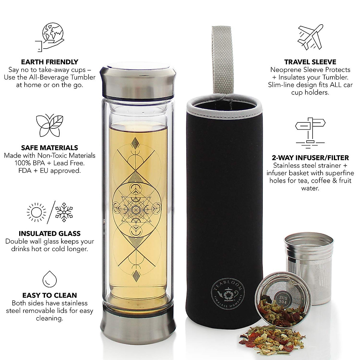 Teabloom All-Beverage Infusion Bottle – 14 oz / 400 ml – Double Wall Insulated Glass Travel Flask – Hot Tea & Cold Brew Coffee Thermos – Removable Sleeve