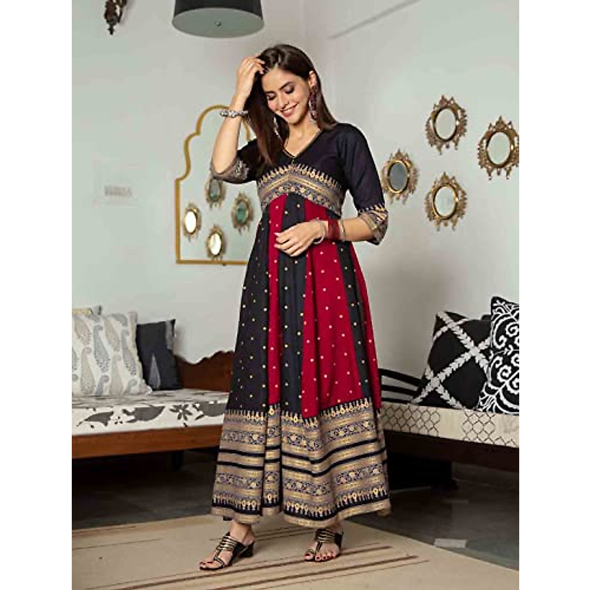 FIDOZA Women's Rayon Printed Anarkali Embroidery Kurti | Pakistani Style Rayon Printed Kurti For Women | Ready to wear (Black, XL)